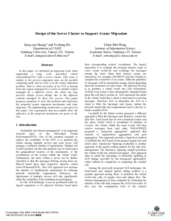 (PDF) Design of the server cluster to support avatar migration