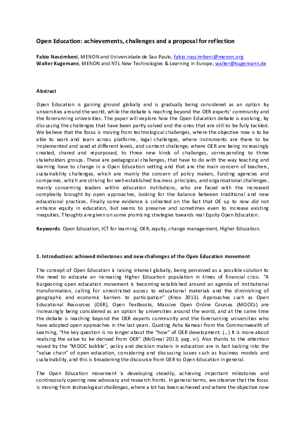 (PDF) Open Education: achievements, challenges and a proposal for reflection