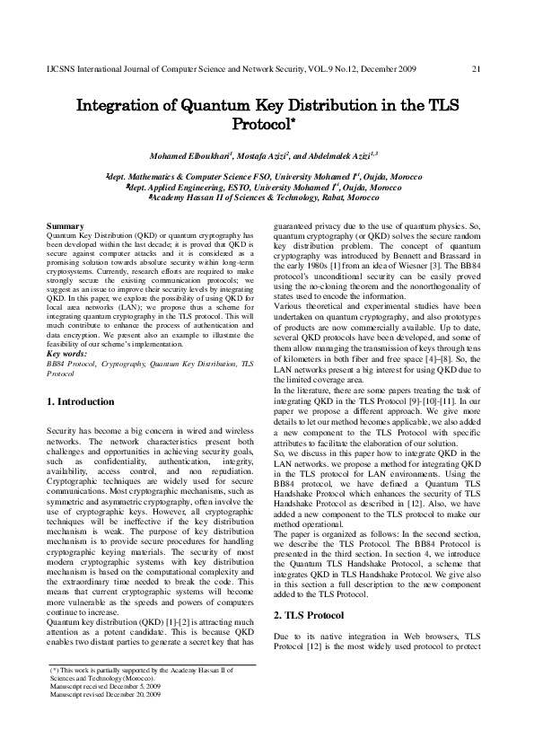 (PDF) Integration of Quantum Key Distribution in the TLS Protocol