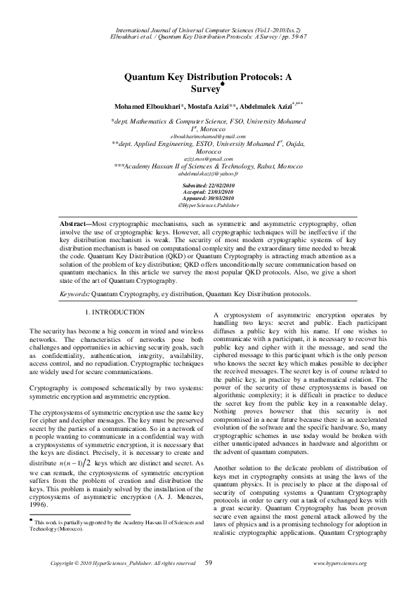 Pdf Quantum Key Distribution Protocols A Survey