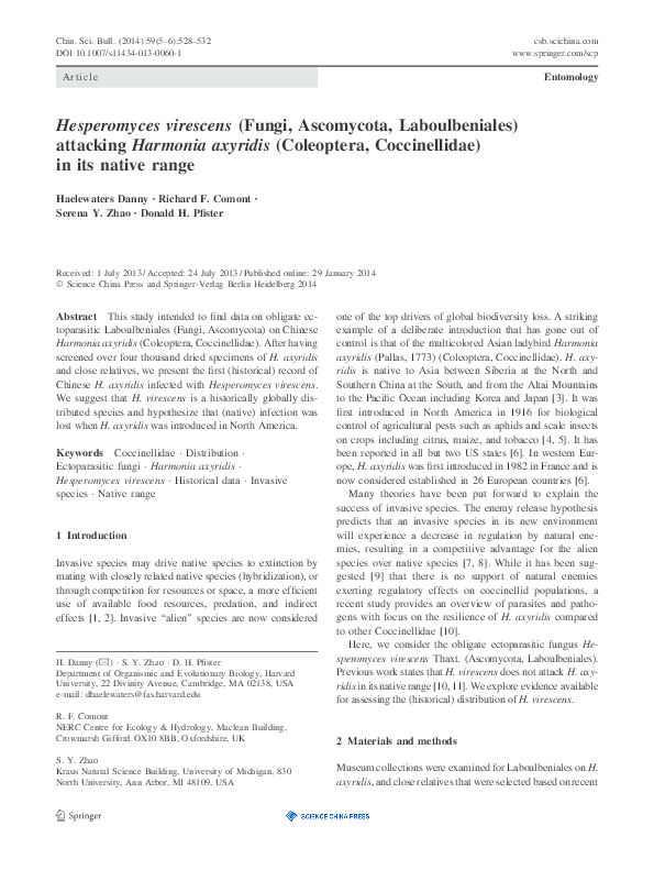 (PDF) Hesperomyces virescens (Fungi, Ascomycota, Laboulbeniales ...