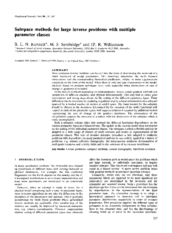 Pdf Subspace Methods For Large Inverse Problems With Multiple Parameter Classes