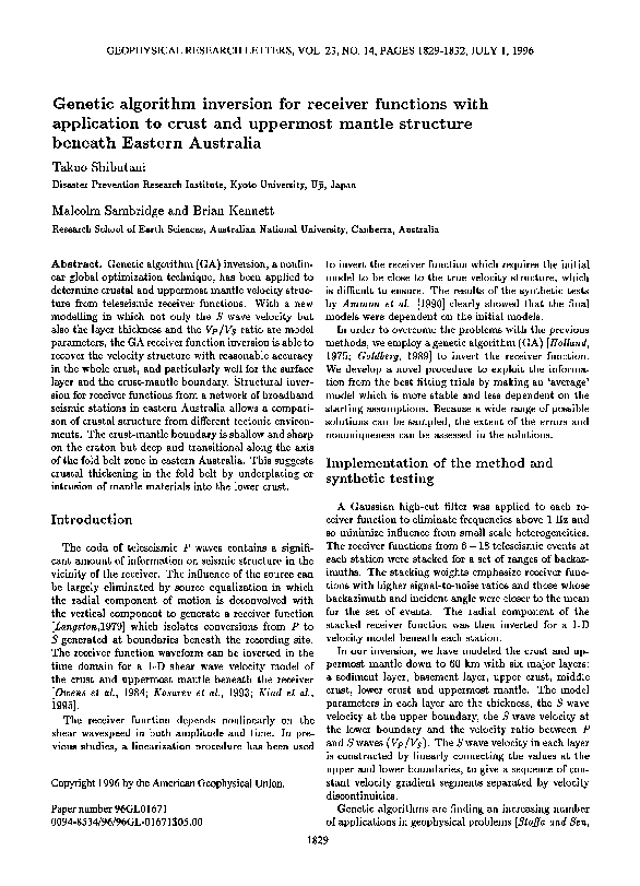 Pdf Genetic Algorithm Inversion For Receiver Functions With