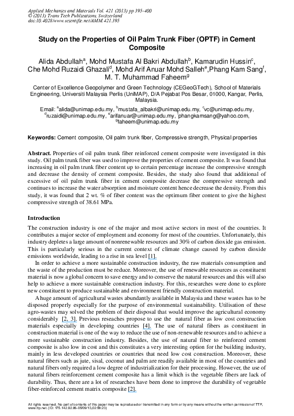 (PDF) Study on the Properties of Oil Palm Trunk Fiber (OPTF) in Cement ...