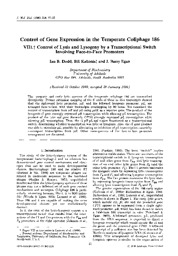 (PDF) Control of gene expression in the temperate coliphage 186 | B ...