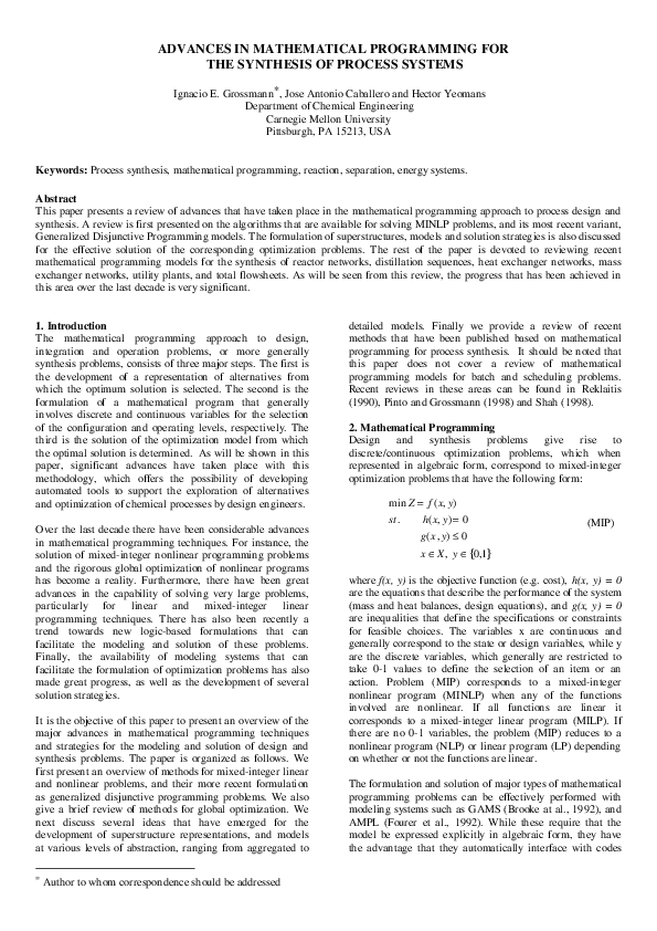 (PDF) Advances in mathematical programming for the synthesis of process ...