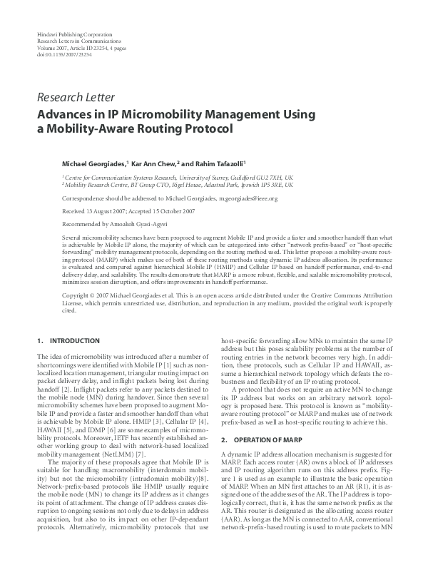 (PDF) ResearchLetter Advances in IP Micromobility Management Using a Mobility-Aware Routing Protocol