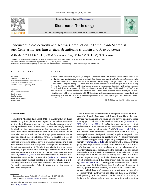 (PDF) Concurrent bio-electricity and biomass production in three Plant-Microbial Fuel Cells ...