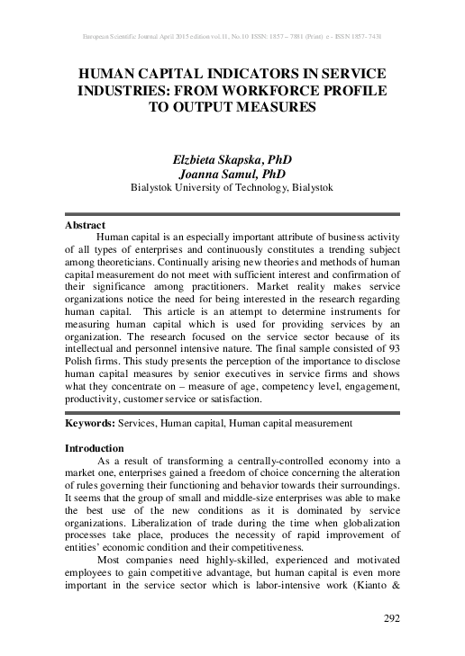 (PDF) HUMAN CAPITAL INDICATORS IN SERVICE INDUSTRIES: FROM WORKFORCE ...