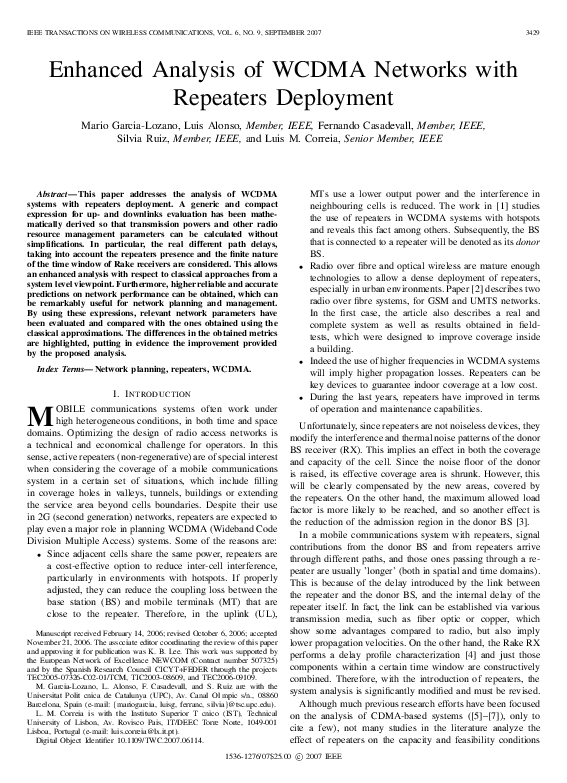 (PDF) Enhanced Analysis of WCDMA Networks with Repeaters Deployment