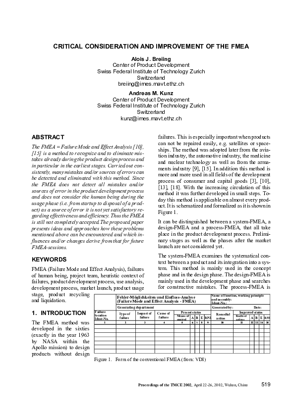 (PDF) Critical Consideration and Improvement of the FMEA