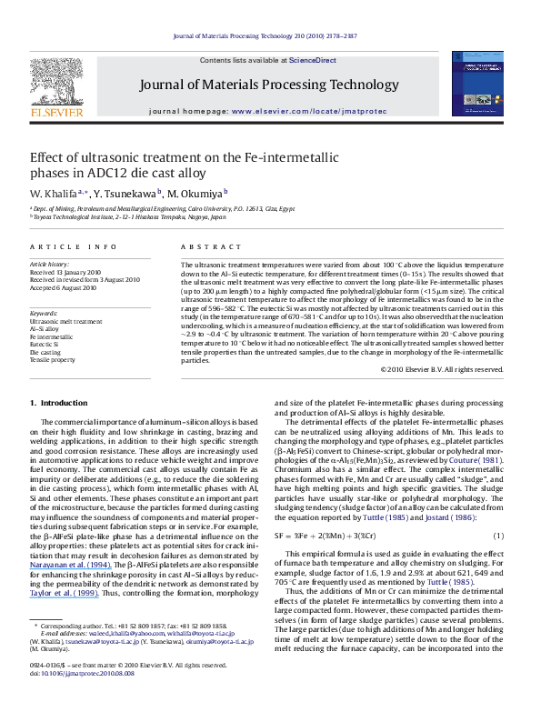 (PDF) Effect of Ultrasonic Melt-Treatment on the Eutectic Silicon and Iron Intermetallic Phases ...