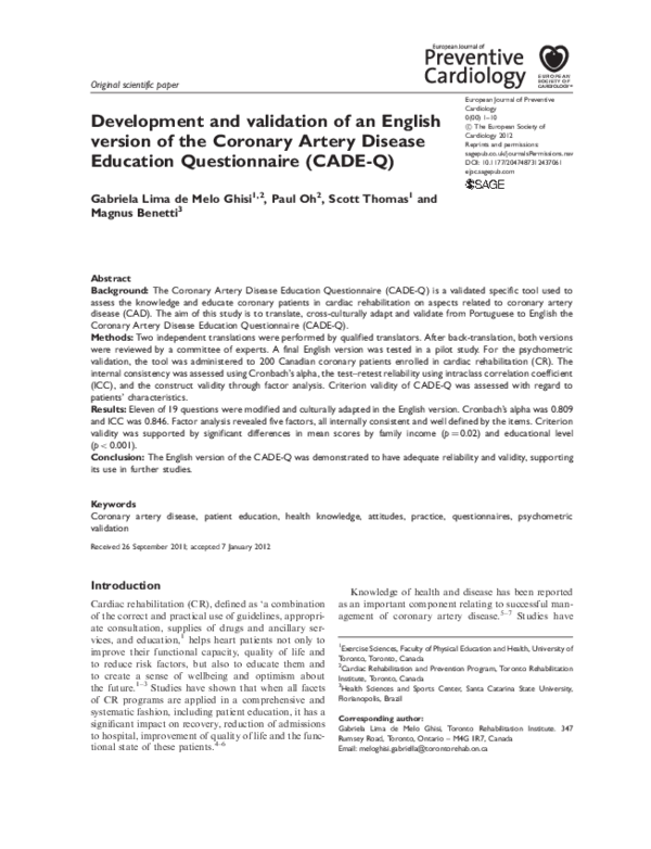(PDF) Development and validation of an English version of the Coronary ...