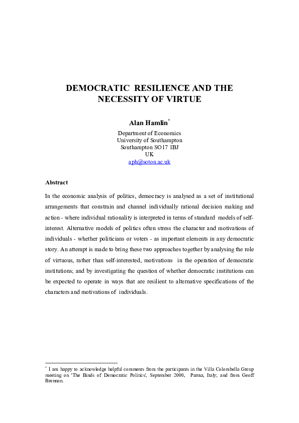 (PDF) Democratic Resilience and the Necessity of Virtue