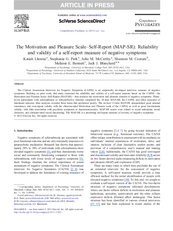 Pdf The Motivation And Pleasure Scale Self Report Map Sr