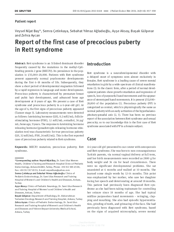 (PDF) Report of the first case of precocious puberty in Rett syndrome