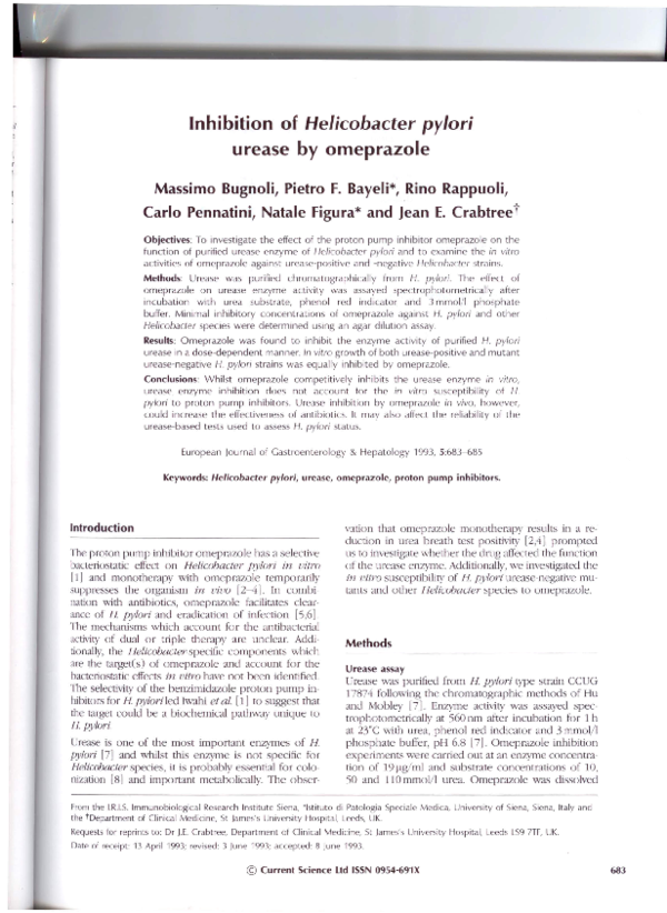 (PDF) Inhibition of Helicobacter pylori urease by omeprazole
