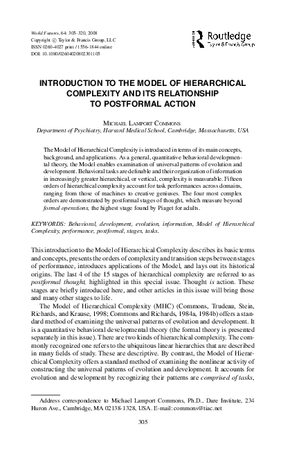 (PDF) Introduction to the Model of Hierarchical Complexity and Its Relationship to Postformal Action