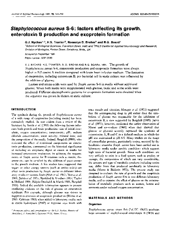 Pdf Staphylococcus Aureus S 6 Factors Affecting Its Growth Enterotoxin B Production And