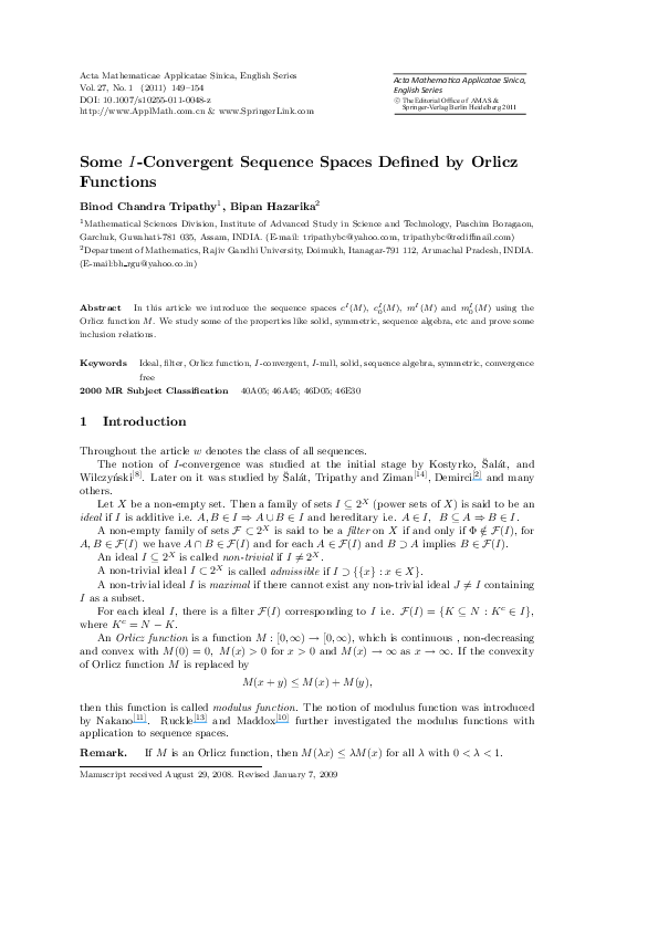Pdf Some I Convergent Sequence Spaces Defined By Orlicz Functions
