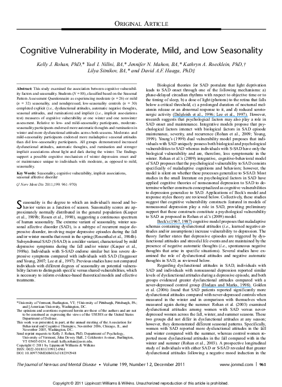 (PDF) Cognitive Vulnerability in Moderate, Mild, and Low Seasonality