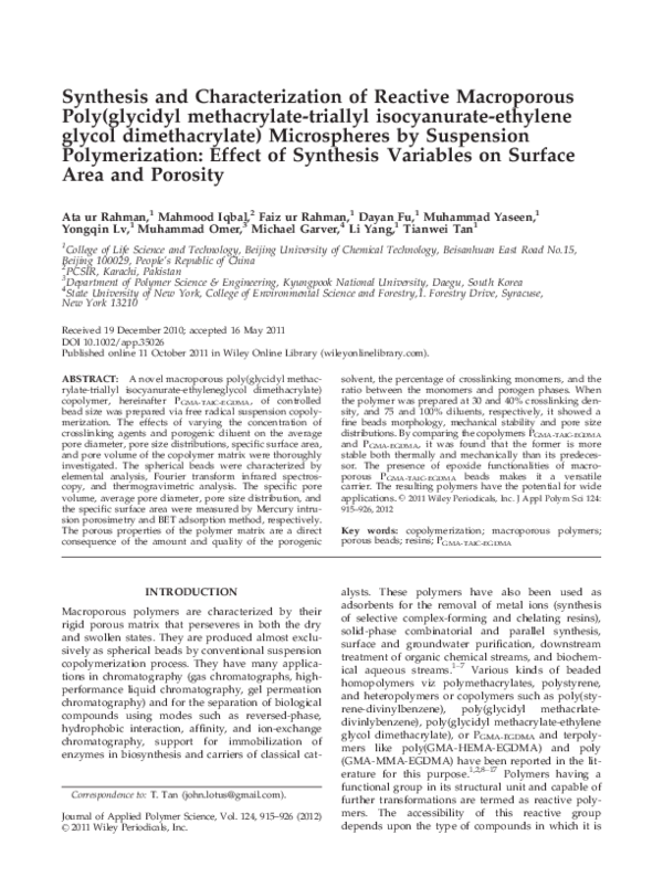 Pdf Synthesis And Characterization Of Reactive Macroporous Poly