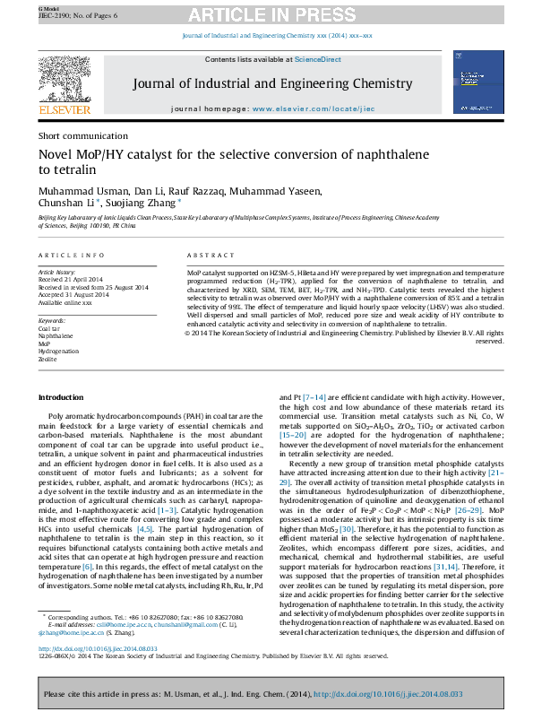 (PDF) Novel MoP/HY catalyst for the selective conversion of naphthalene ...