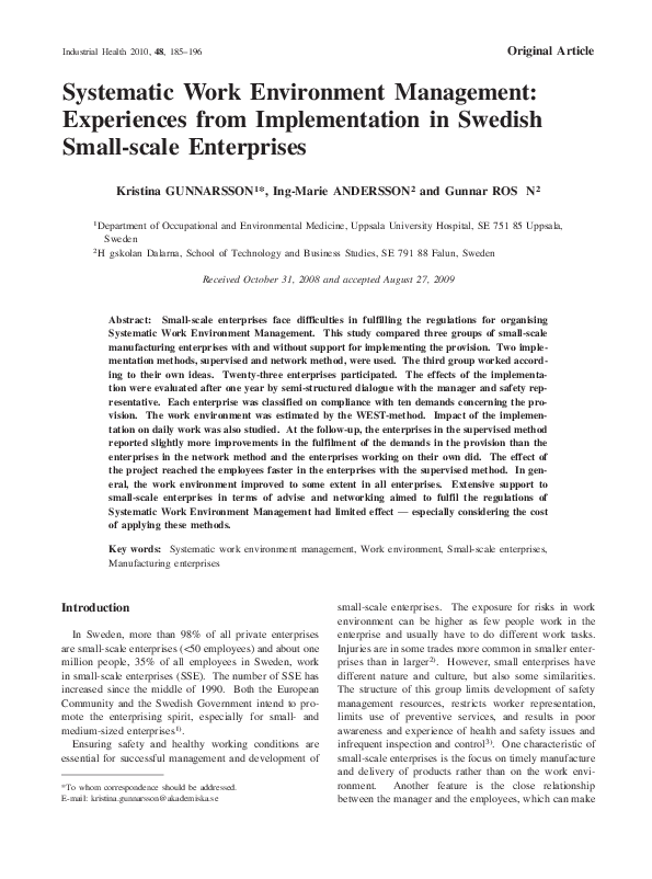 (PDF) Systematic Work Environment Management: Experiences from ...
