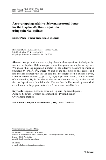 Pdf An Overlapping Additive Schwarz Preconditioner For The Laplace Beltrami Equation Using