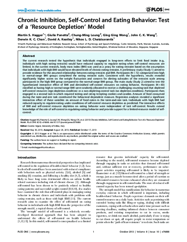 (PDF) Chronic Inhibition, Self-Control and Eating Behavior: Test of a â ...