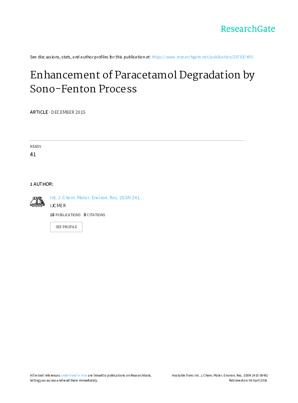 (PDF) Enhancement of Paracetamol Degradation by Sono-Fenton Process