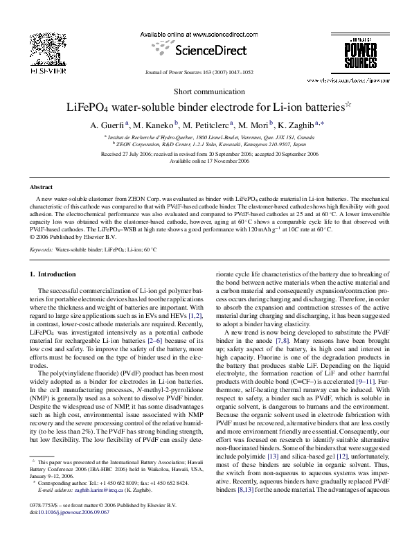 (PDF) LiFePO4 water-soluble binder electrode for Li-ion batteries