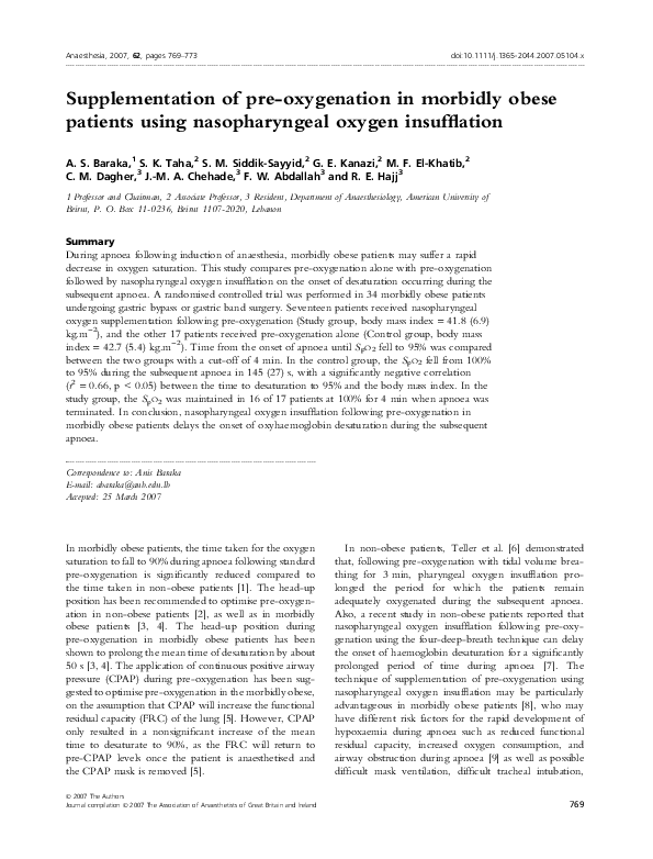 (PDF) Supplementation of pre-oxygenation in morbidly obese patients ...