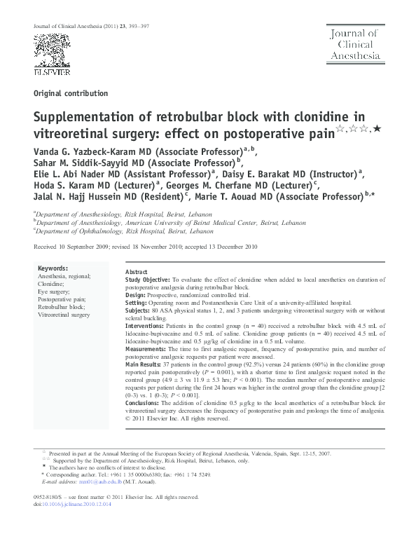 (PDF) Supplementation of retrobulbar block with clonidine in ...