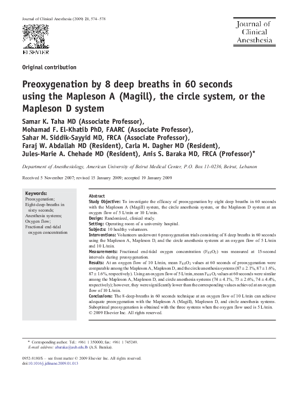 (PDF) Preoxygenation by 8 deep breaths in 60 seconds using the Mapleson ...