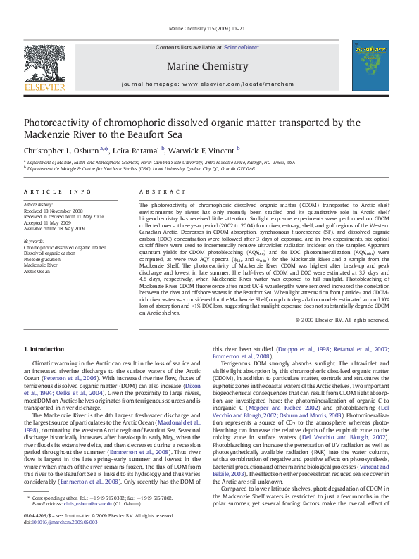 (PDF) Photoreactivity of chromophoric dissolved organic matter transported by the Mackenzie ...