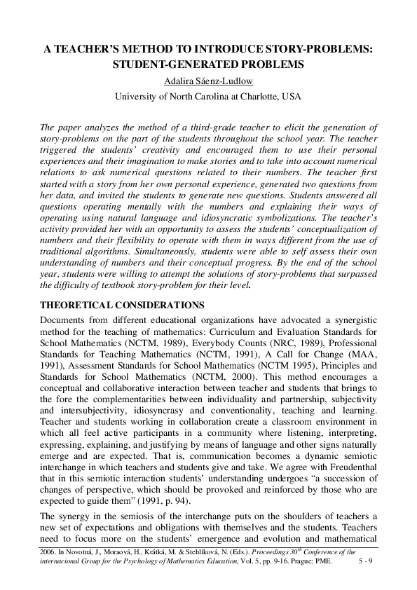 (PDF) A Teacher's Method to Introduce Story-Problems: Student-Generated ...