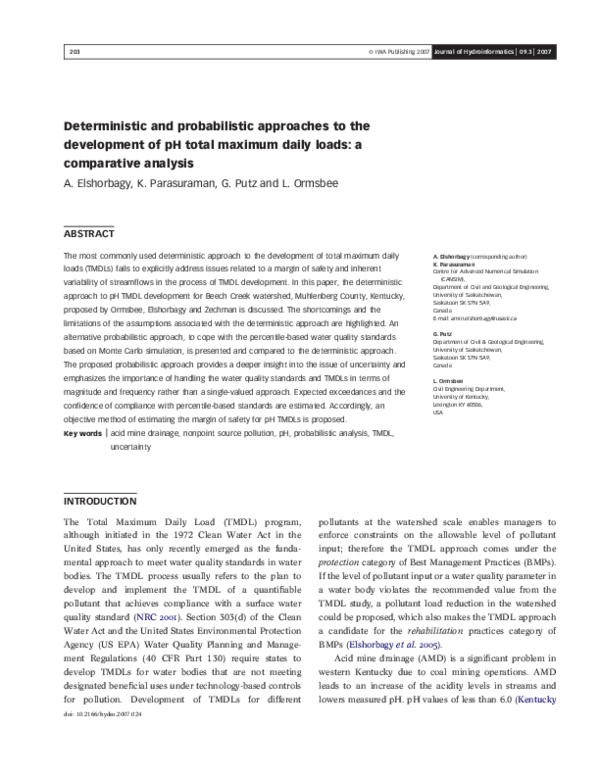 (PDF) Deterministic and probabilistic approaches to the development of pH total maximum daily ...