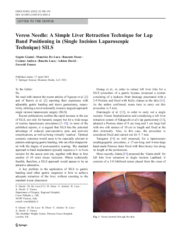 (PDF) Veress Needle: A Simple Liver Retraction Technique for Lap Band ...