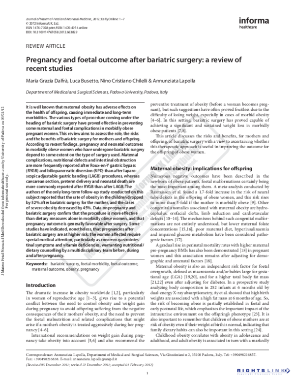 (PDF) Pregnancy and foetal outcome after bariatric surgery: a review of recent studies