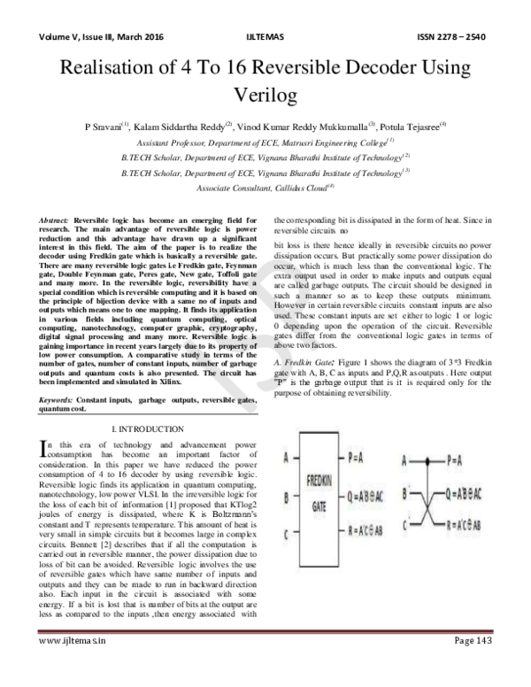(PDF) Realisation of 4 To 16 Reversible Decoder Using Verilog