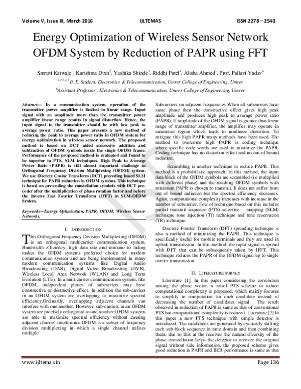 Pdf Energy Optimization Of Wireless Sensor Network Ofdm System By Reduction Of Papr Using Fft