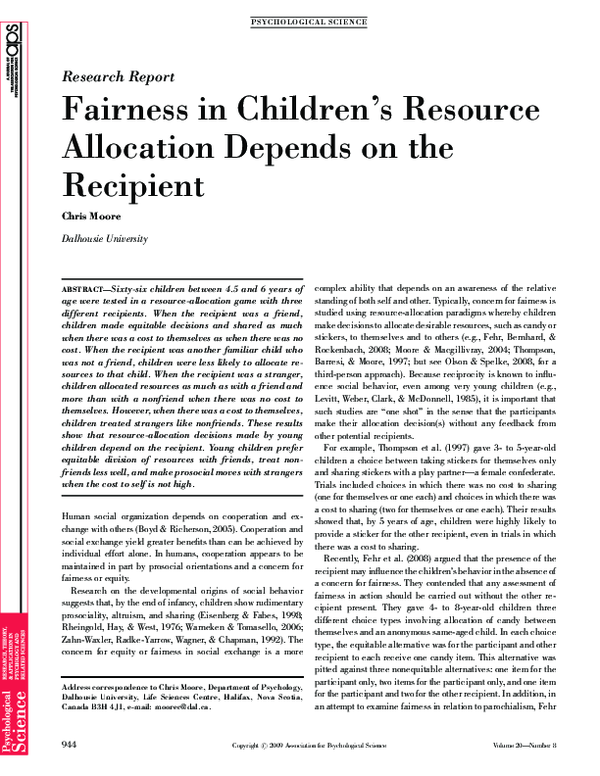 (PDF) Fairness in Children's Resource Allocation Depends on the Recipient