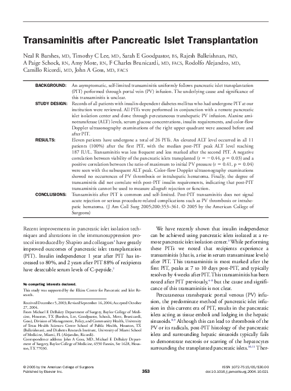 (PDF) Transaminitis after pancreatic islet transplantation