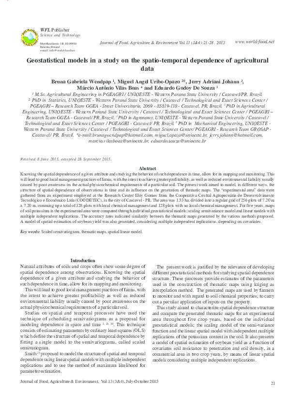 Geostatistical models in a study on the spatio-temporal dependence of agricultural data