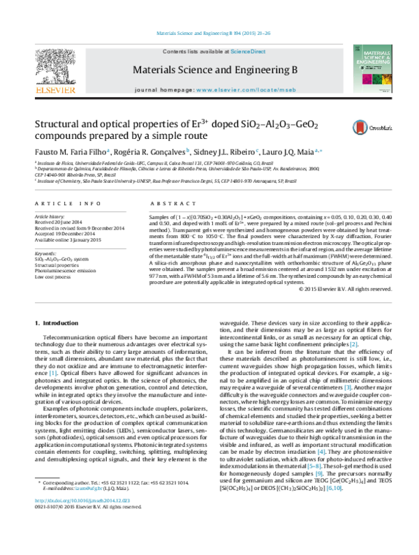 (PDF) Structural and optical properties of Er3+ doped SiO2–Al2O3–GeO2 compounds prepared by a ...