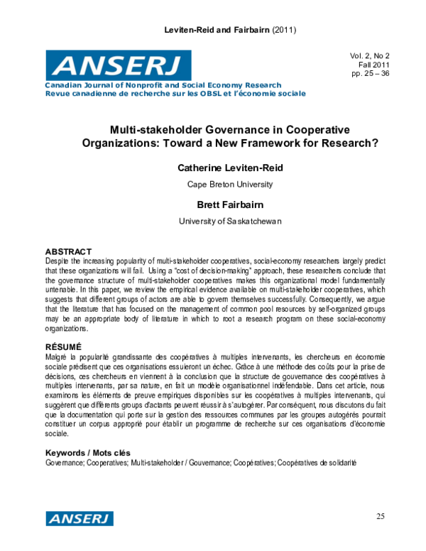 (PDF) Multi-stakeholder Governance in Cooperative Organizations: Toward ...