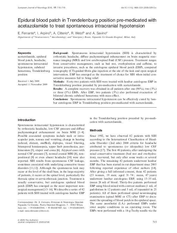 (PDF) Epidural blood patch in Trendelenburg position pre-medicated with acetazolamide to treat ...