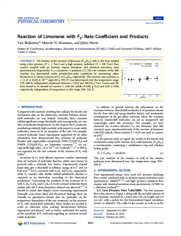 (PDF) Reaction of Limonene with F 2 : Rate Coefficient and Products
