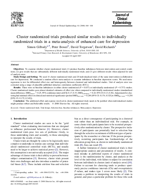 Pdf Cluster Randomized Trials Produced Similar Results To Individually Randomized Trials In A